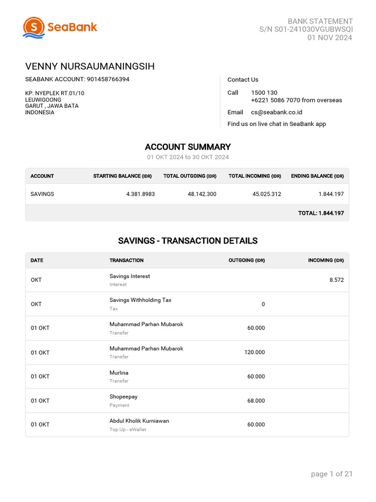 Seabank - Statement - 202411 - VENNY NURSAUMANINGSIH | PDF | Money ...
