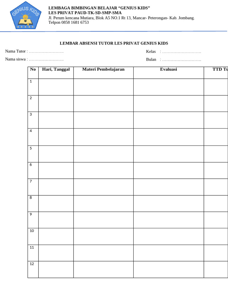 Absen Les Genius Kids | PDF