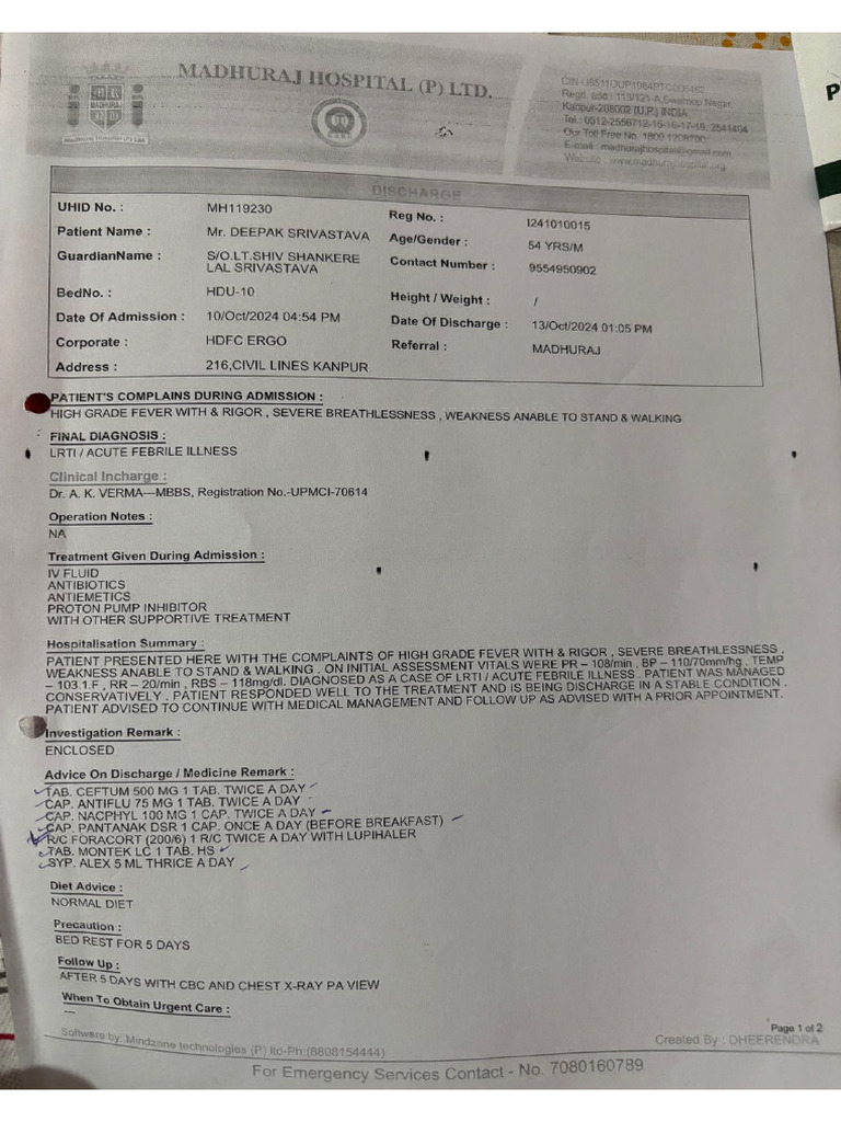 Deepak Srivastava Medical File 2024 | PDF