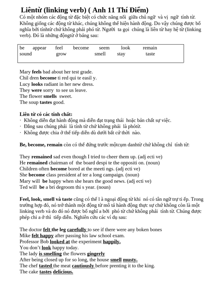 LINKING VERB Unit 2 11thi Diem | PDF