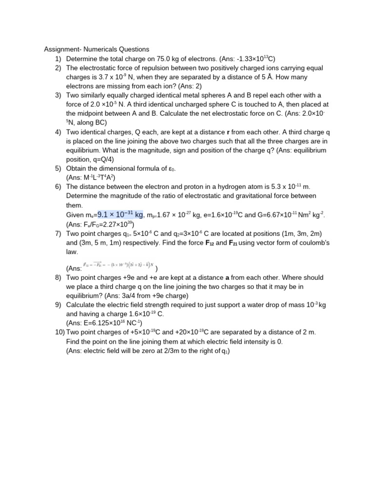 Assignment - Numericals Questions - Electrostatics | PDF