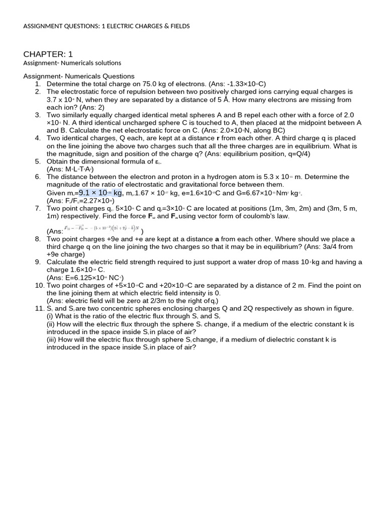 12th-Chp-1-Assignment Questions, Hots, Pyqs | PDF | Electric Field | Electric Charge