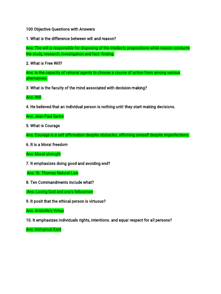100 Objective Q-WPS Office | PDF | Reason | Virtue