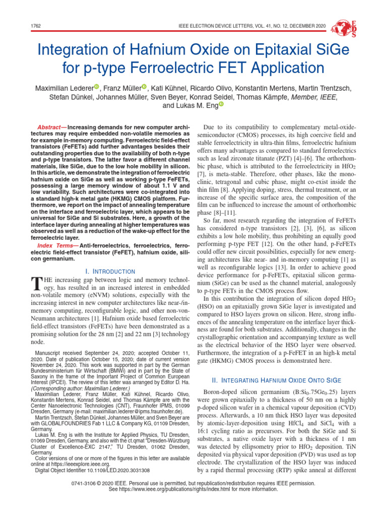 Integration of Hafnium Oxide On Epitaxial SiGe For P-Type Ferroelectric FET Application | PDF ...