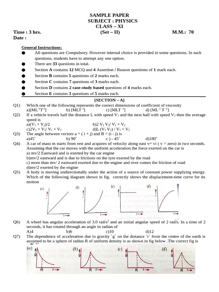 Class XI Physics Annual Sample Paper Set II 2023 24 | PDF | Gases | Sound
