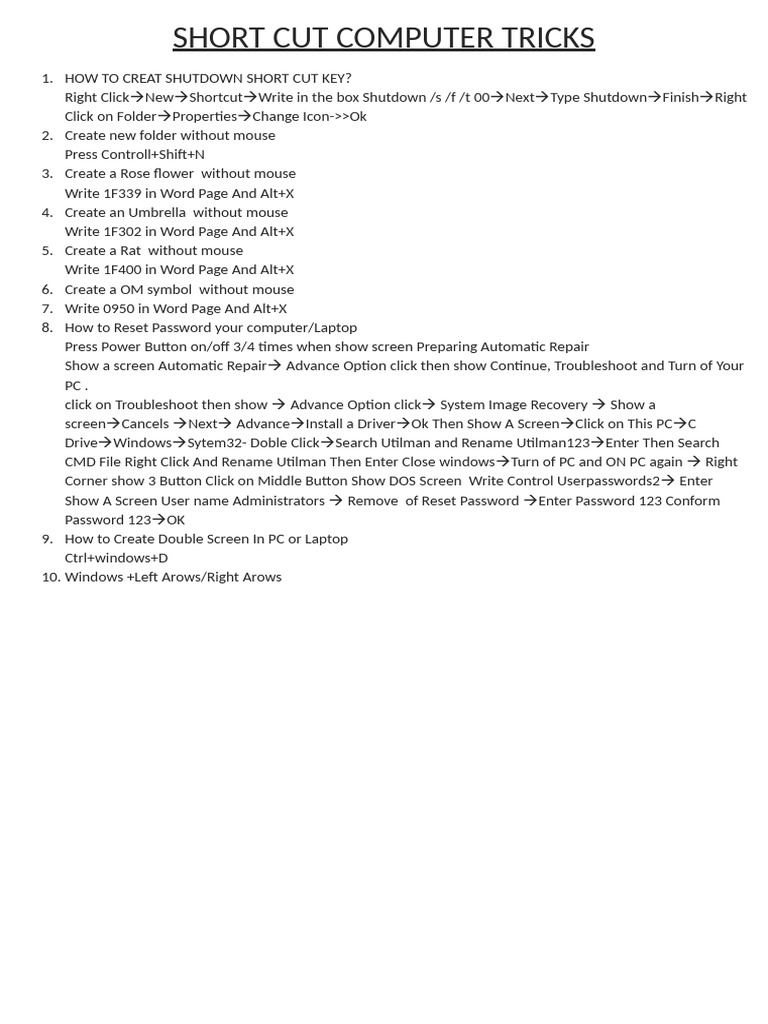 Short Cut Computer Tricks | PDF