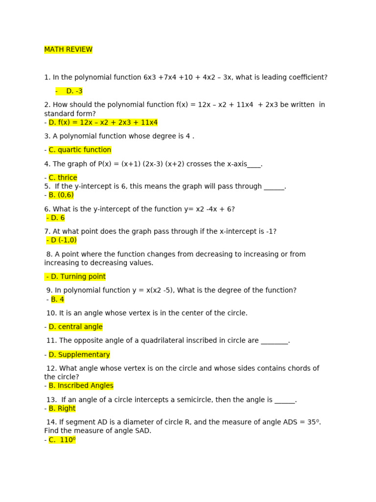 Math Review Grade 10 | PDF