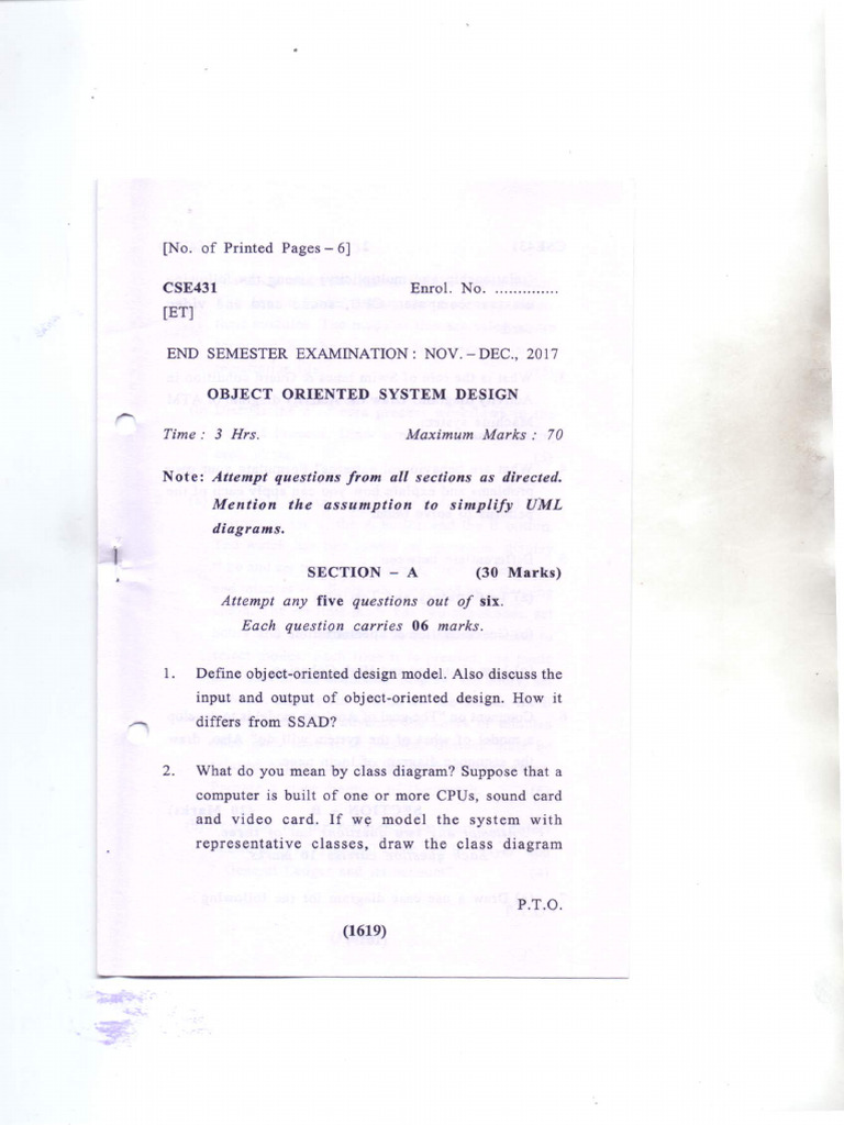 Object Oriented System Design, CSE431, NOV-DEC, 2017 | PDF