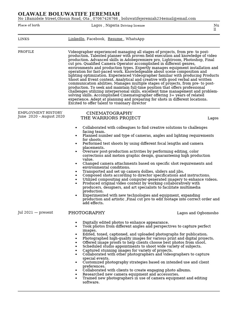 London Resume Template Professional | PDF | Camera | Cinematography