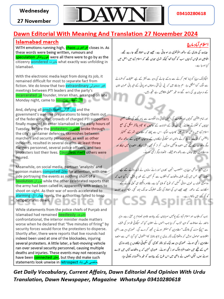 Nov 27 Dawn Editorial With Urdu Translation | PDF
