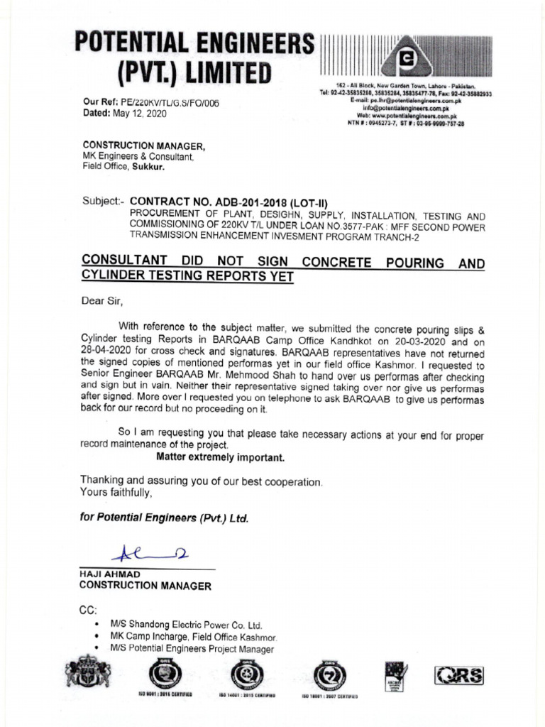 Letter For Pouring Slips and Cylinder Testing Reports | PDF