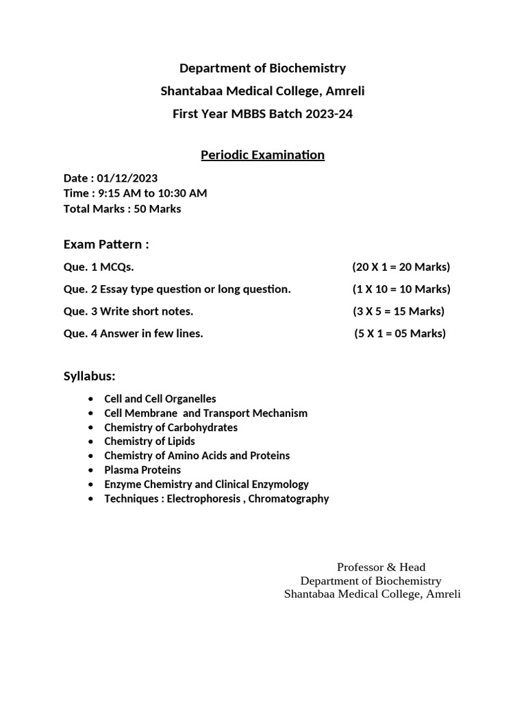 Biochemistry Periodic Exam Pattern | PDF