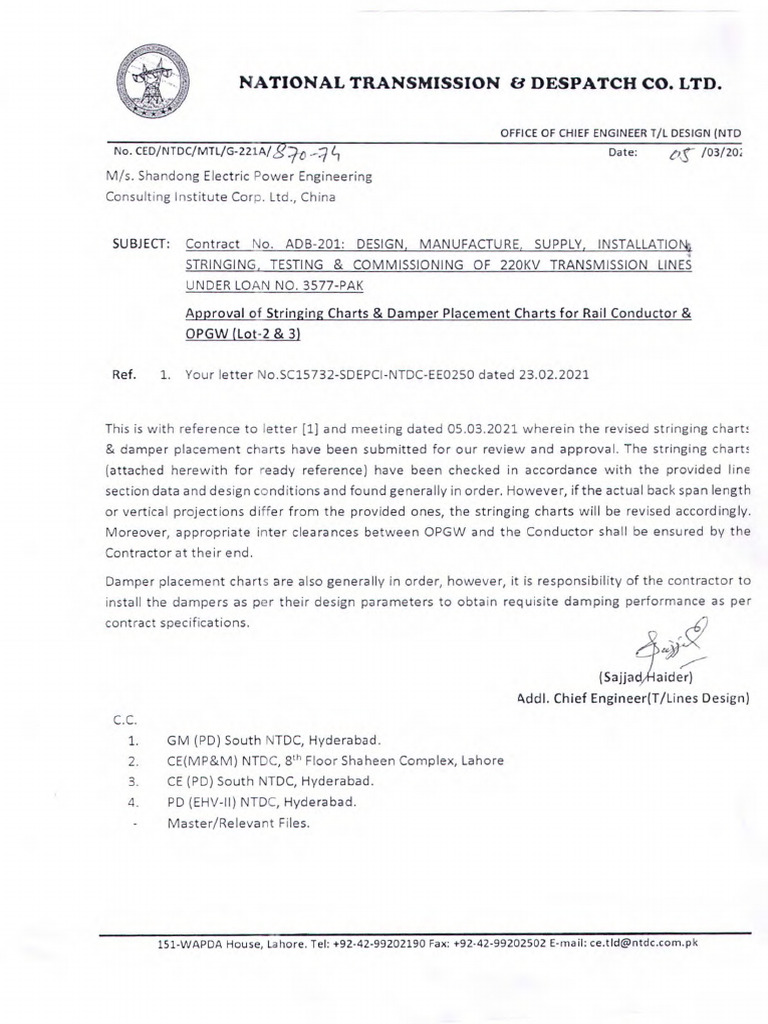 870-74 (Approval of Stringing Charts & Damper Placement Charts For Rail ...