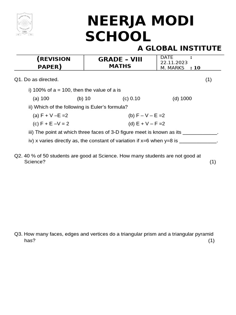 Grade VIII UT-2 Math | PDF
