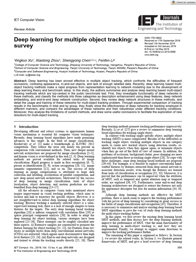IET Computer Vision - 2019 - Xu - Deep Learning For Multiple Object Tracking A Survey | PDF ...