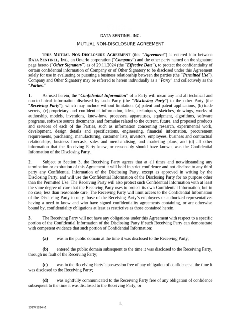 Data Sentinel Mutual Non-Disclosure Agreement (MNDA) | PDF | Discovery ...