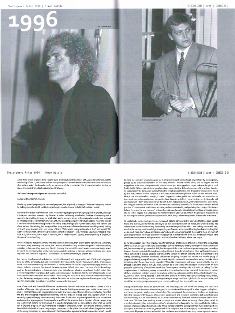 Simon Rattle Acceptance Speech, Teopfer Stiftung 1996 | PDF