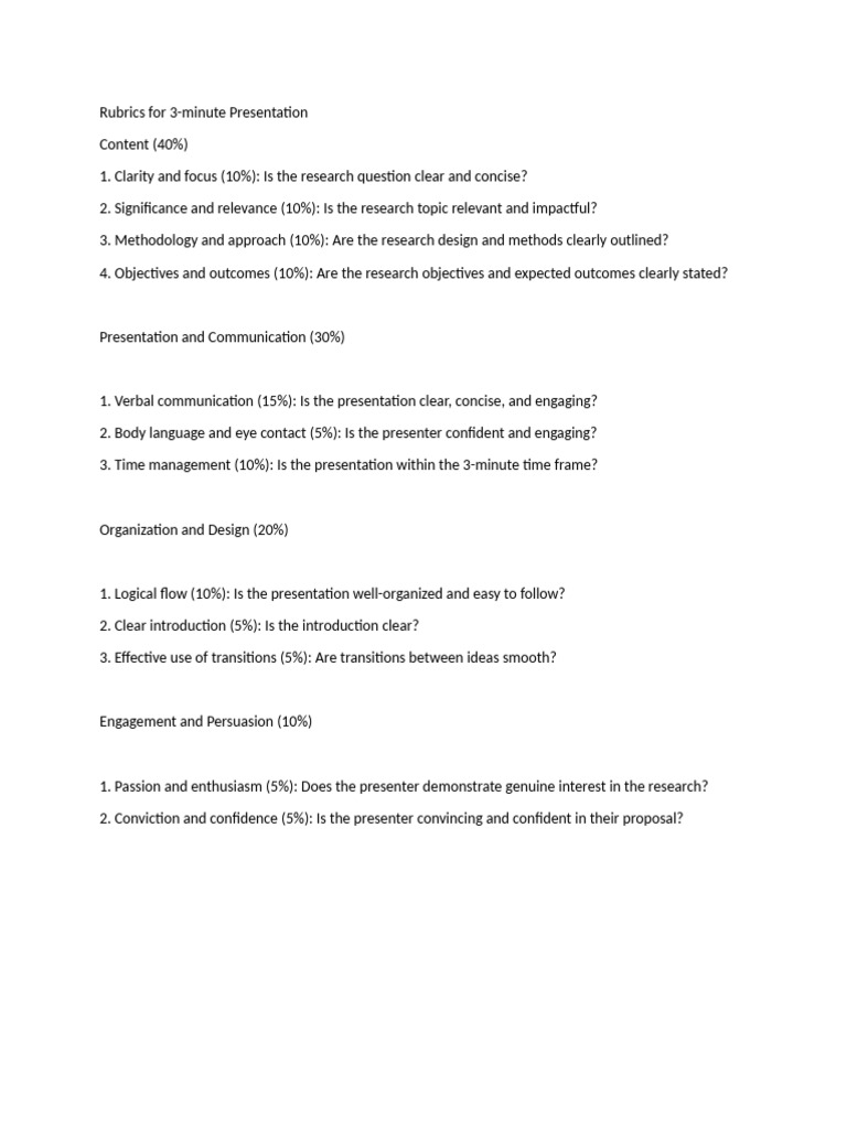 Rubrics For 3 Minute Proposal Presentation | PDF