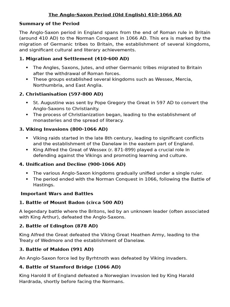 The Anglo-Saxon Period (Old English) 410-1066 AD | PDF | Anglo Saxons | Wessex