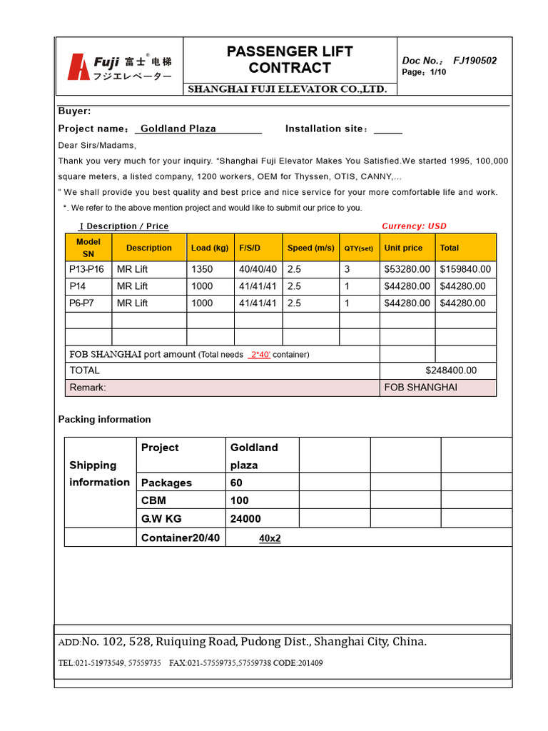 FUJI Quotation Goldland Plaza P13-16 P14 P15 | PDF | Elevator | Manufactured Goods