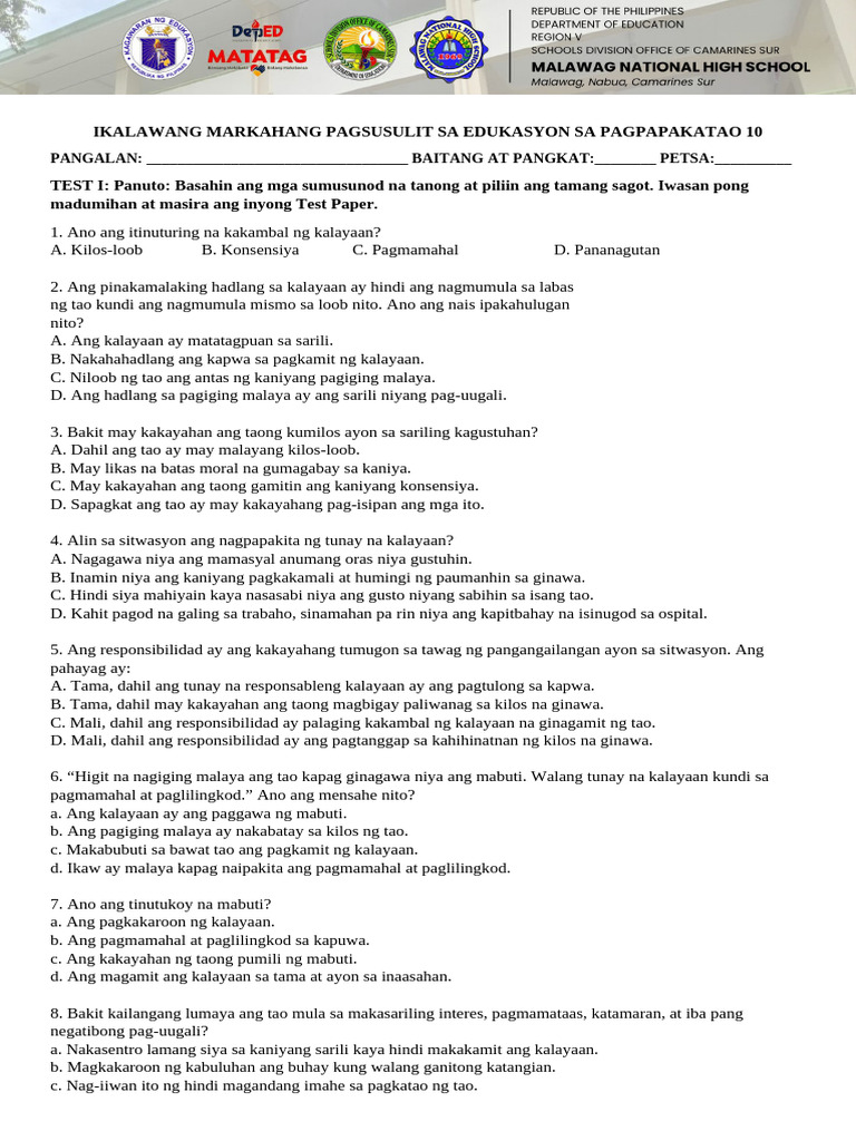 2nd Quarter Exam in ESP10 | PDF