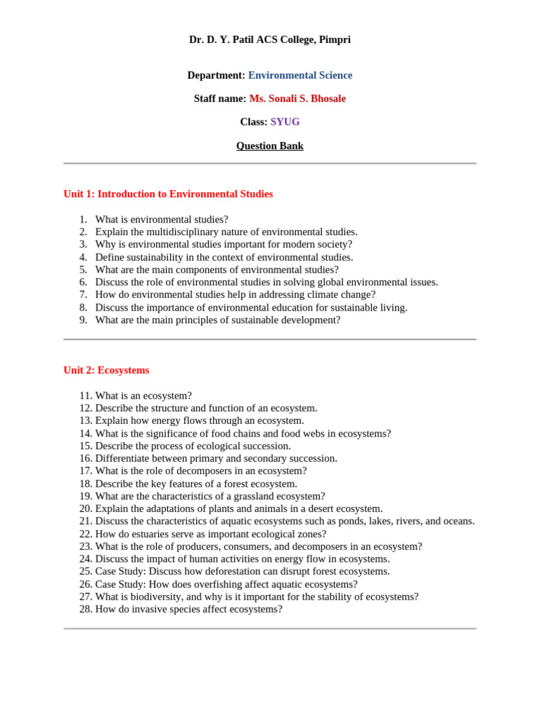 Question Bank For SYUG Envt Awareness Students 2024-25 | PDF ...