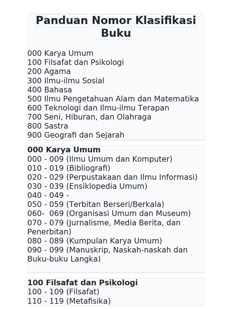 Panduan Nomor Klasifikasi Koleksi Di Perpustakaan | PDF