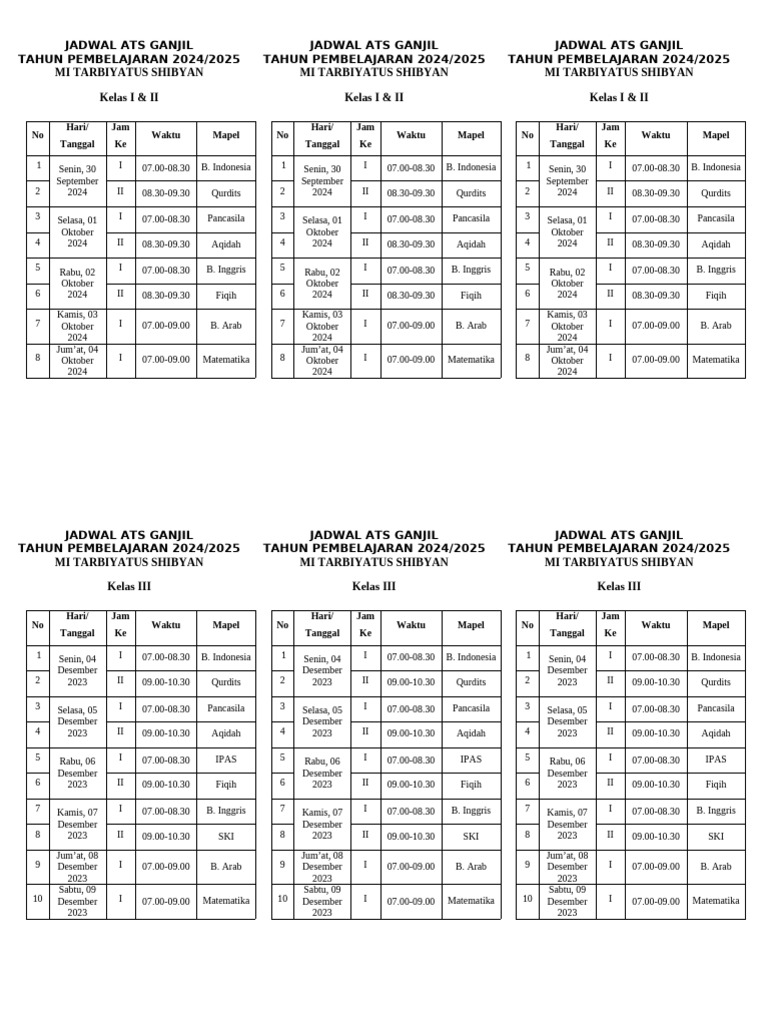 Jadwal Pelajaran MI 2024/2025 | PDF