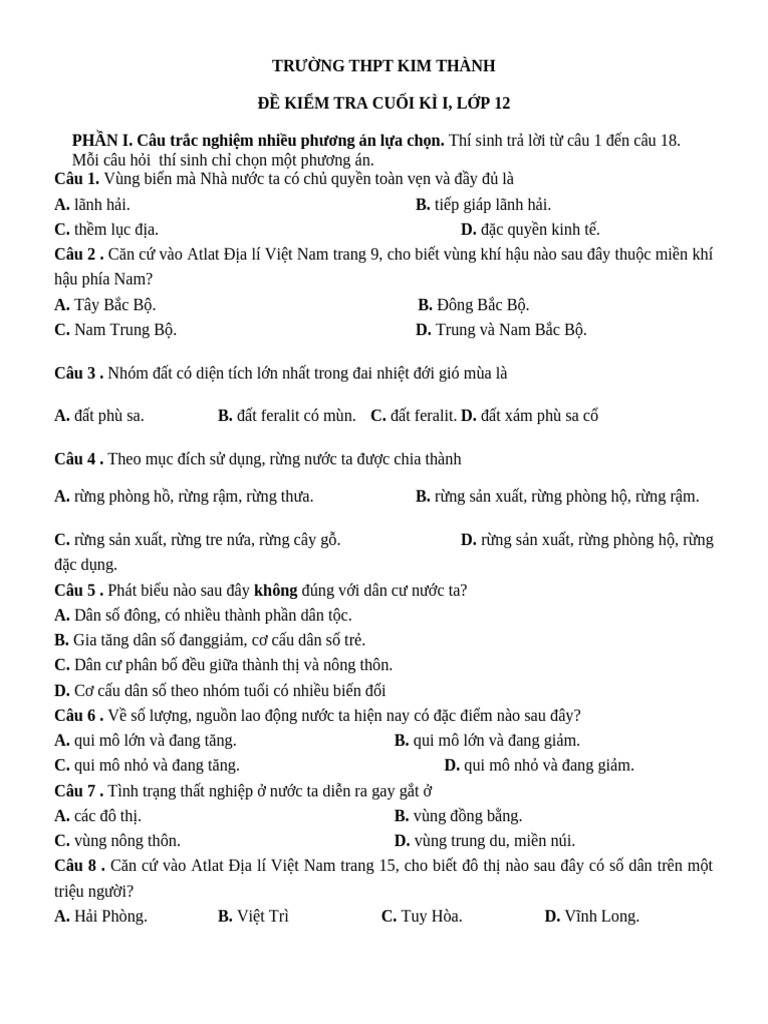 ĐỀ KTRA CHK1 ĐỊA 12-THPT KIM THÀNH | PDF
