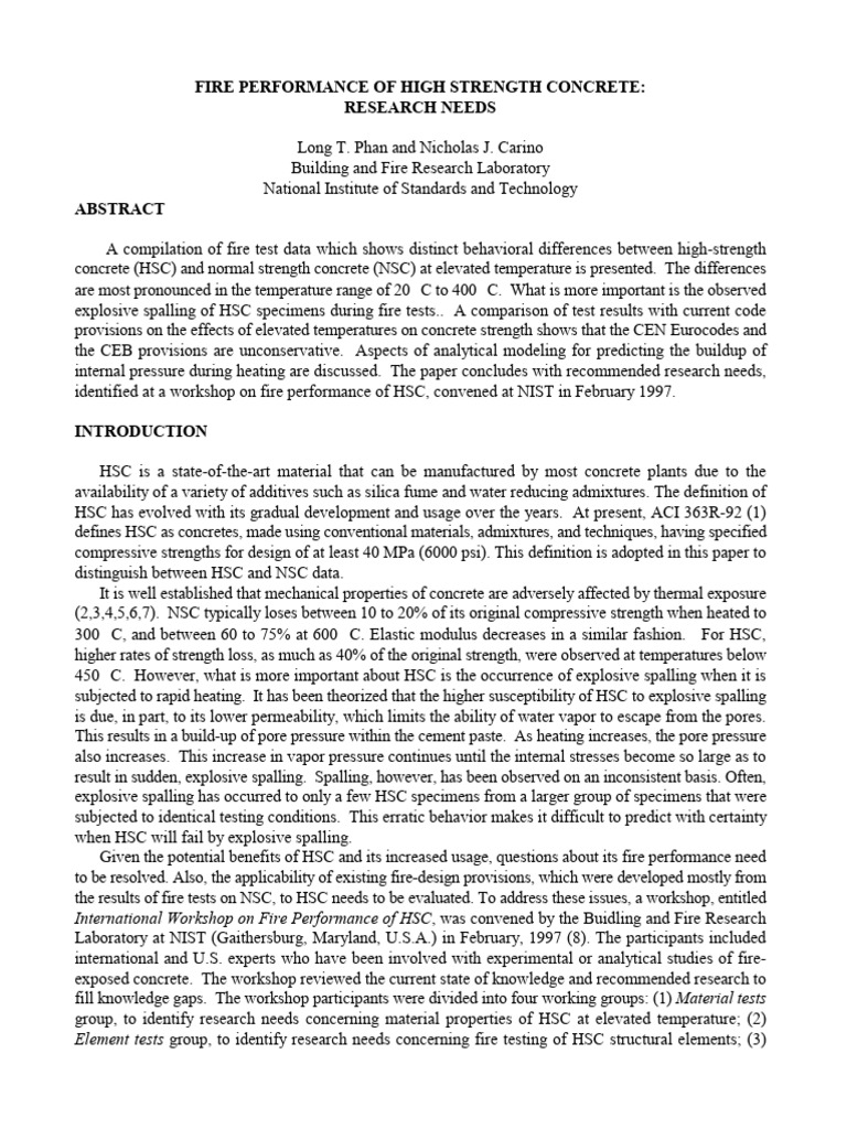2000 - Fire Performance of High Strength Concrete Research Needs | PDF ...