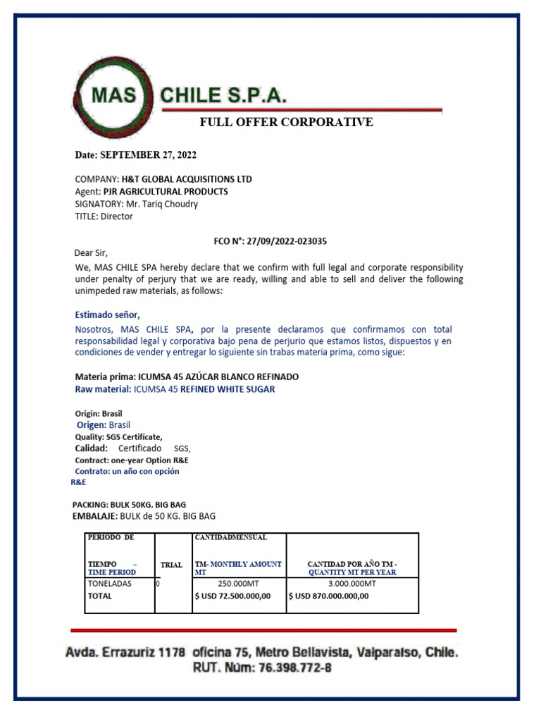 27.09.2022 Draft para Fco - Sugar Mas Chile S.P. A. - 250.000 X 12 H&T Global Acquisitions LTD ...