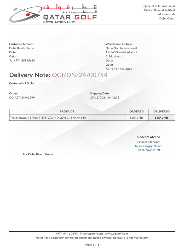 Delivery Slip - Doha Beach House - QGI - DN - 24 - 00754 | PDF
