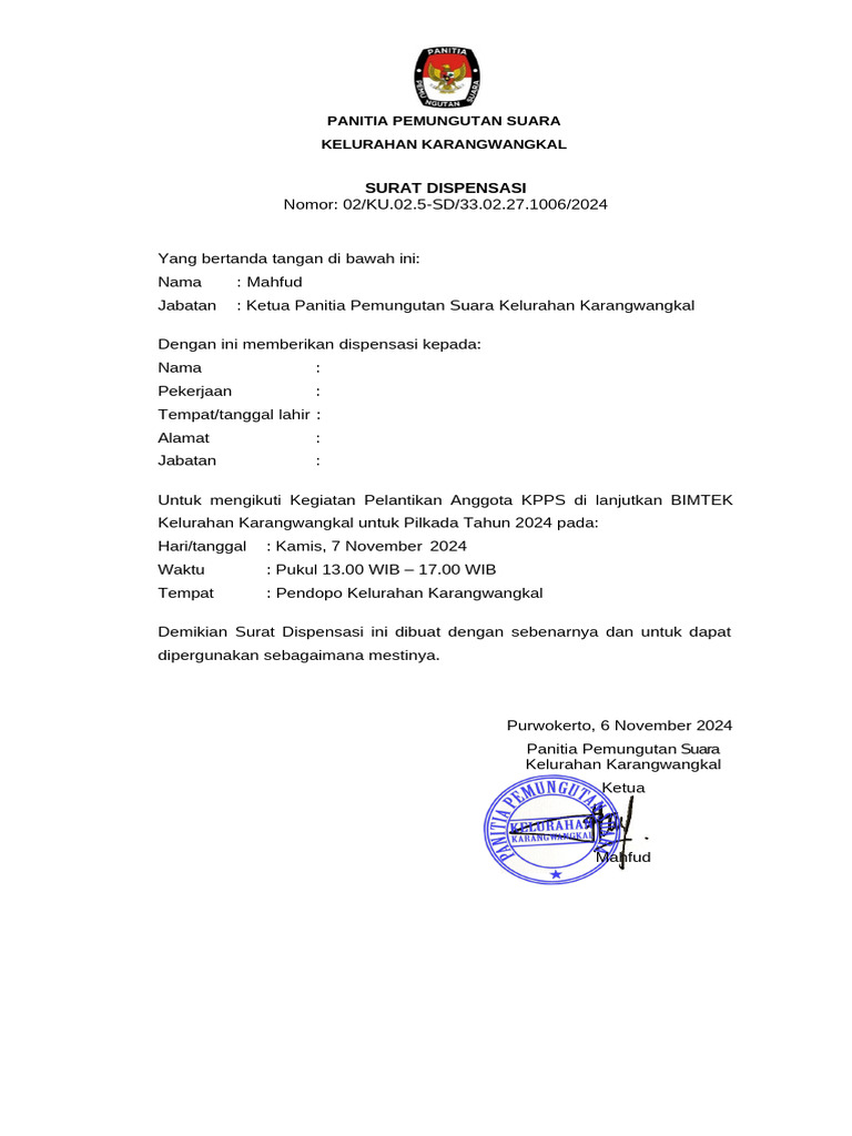 Surat Dispensasi Dari Pps | PDF