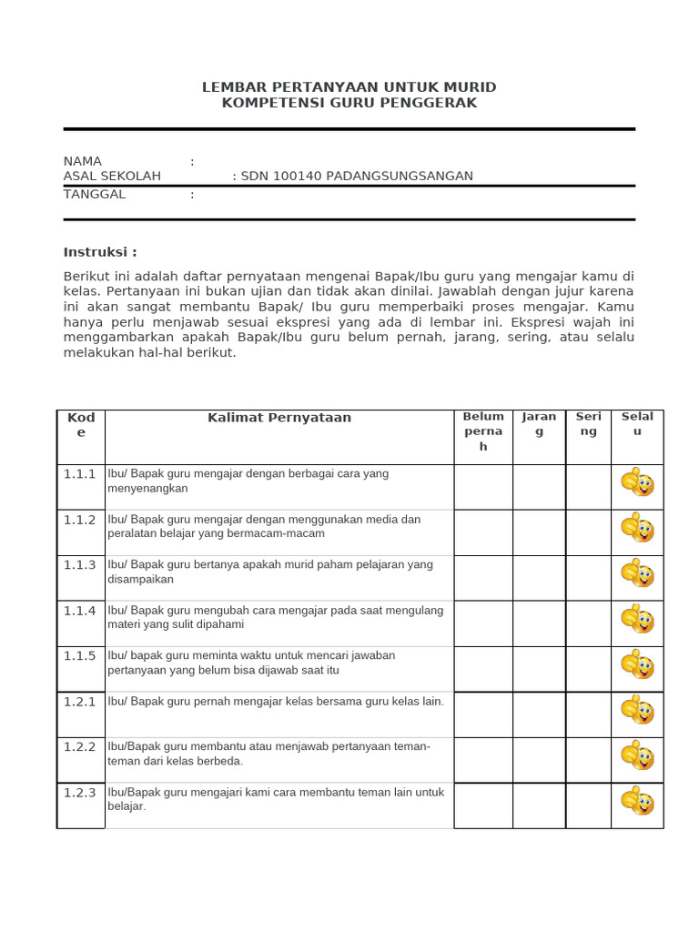 Lembar Kuisioner Murid SD III - VI - A5 FINAL 150522 | PDF