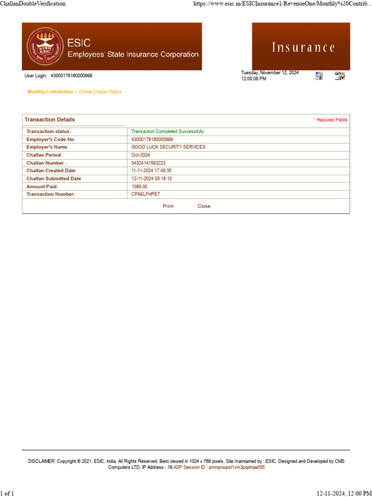 Esic Oct Challan 24 | PDF