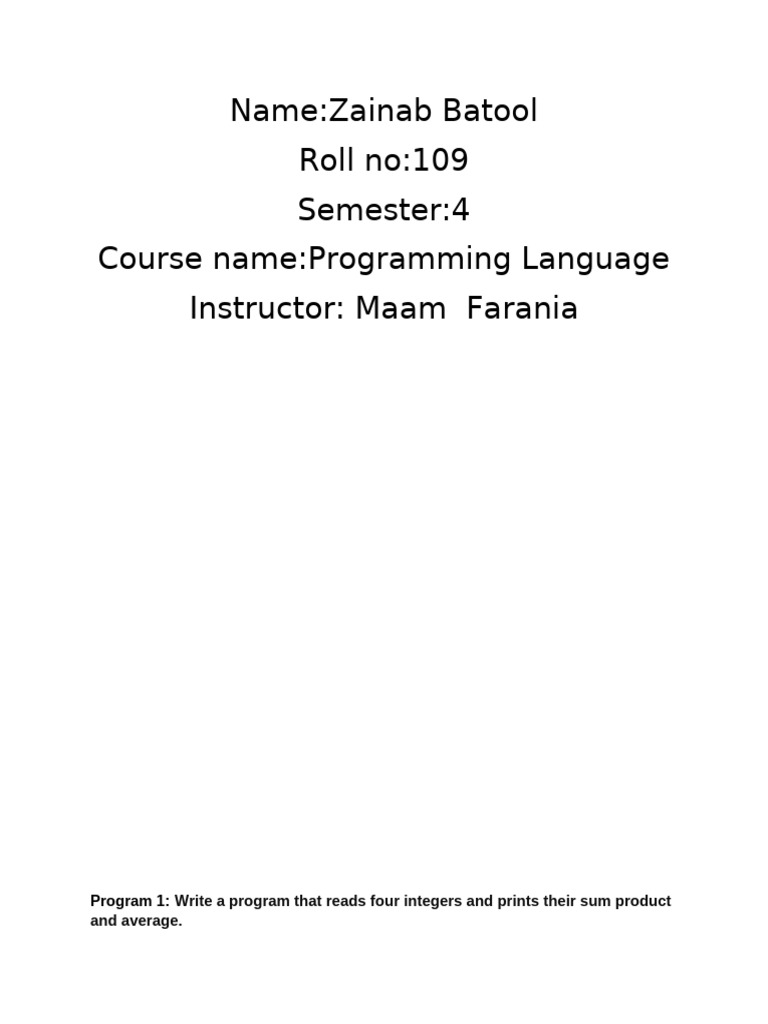 Assignment Zainab Batool 109 | PDF | Division (Mathematics) | Namespace Assignment Zainab Batool 109 | PDF | Division (Mathematics) | Namespace