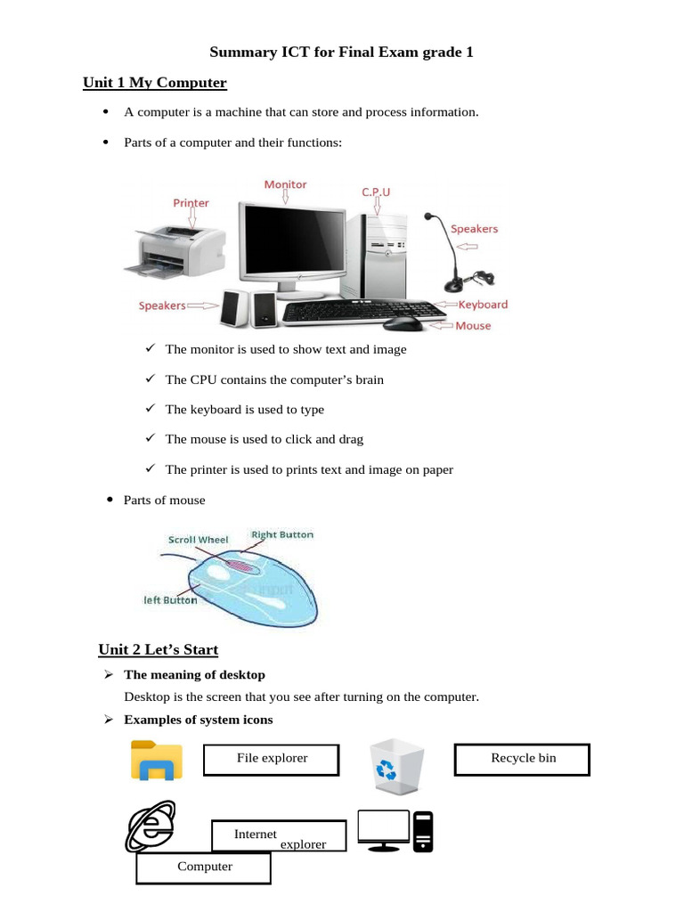 Summary & Review ICT Grade 1 For Final | PDF | Button (Computing ...