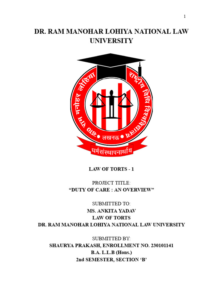 Torts Project Shaurya Prakash Sem 2 | PDF | Duty Of Care | Negligence