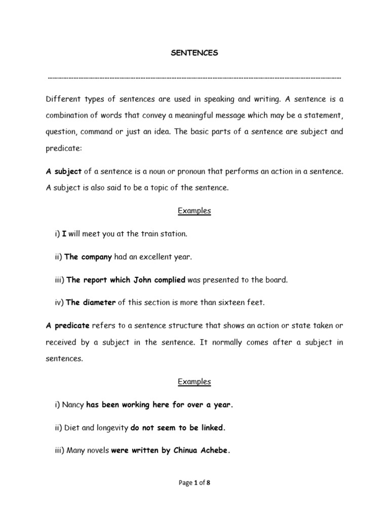 LECTURE NOTES - Sentence Types | PDF | Sentence (Linguistics) | Subject ...