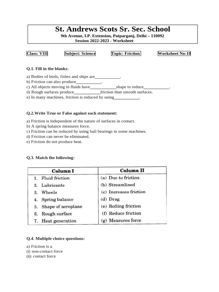 Science - Friction Worksheet-10 (VIII) | PDF