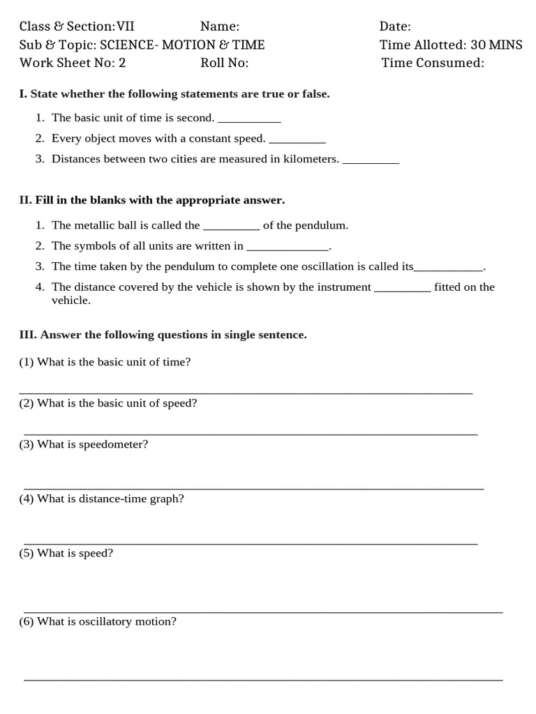 Science Worksheet on Motion & Time | PDF