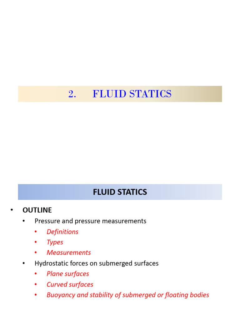 CRU 07109 - Hydraulics - Lecture 2 - Fluid Statics | PDF | Pressure | Pressure Measurement
