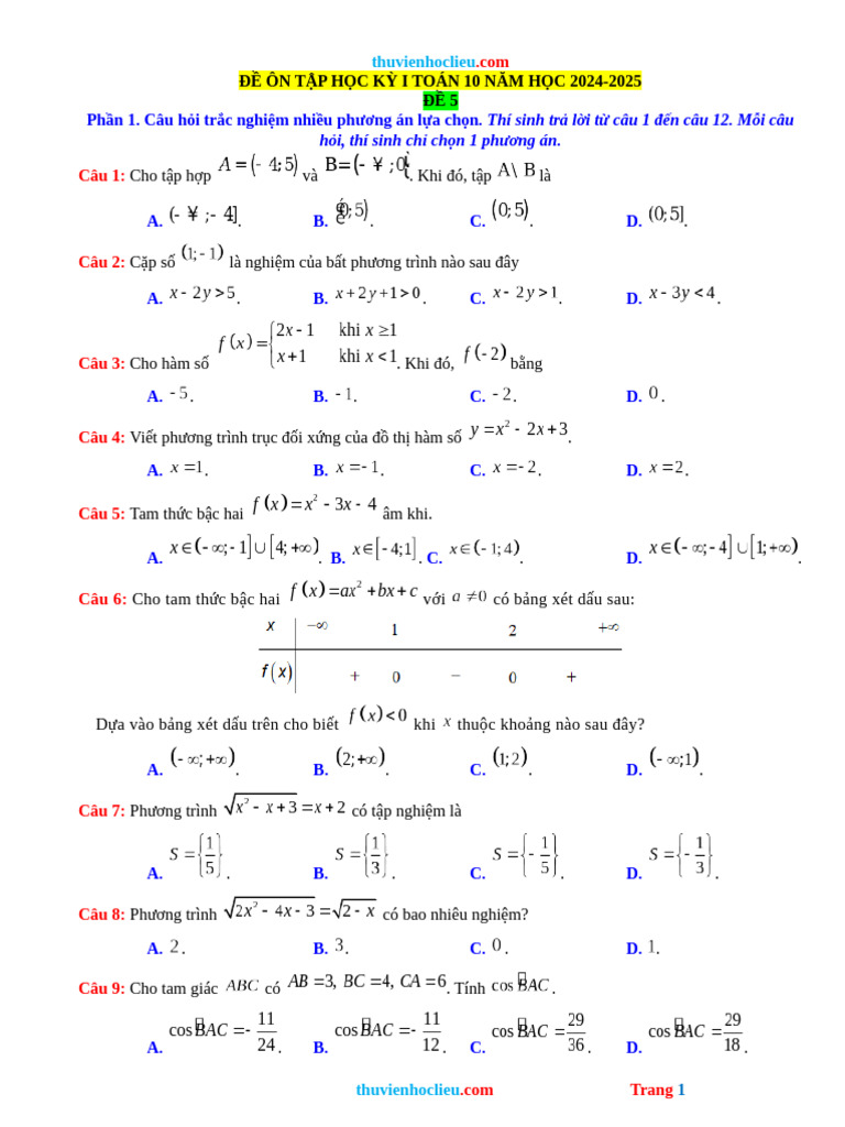 De On Tap HK1 Toan 10 Canh Dieu de 5 | PDF