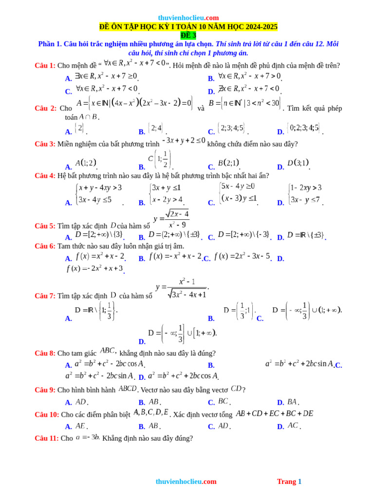 De On Tap HK1 Toan 10 Canh Dieu de 3 | PDF