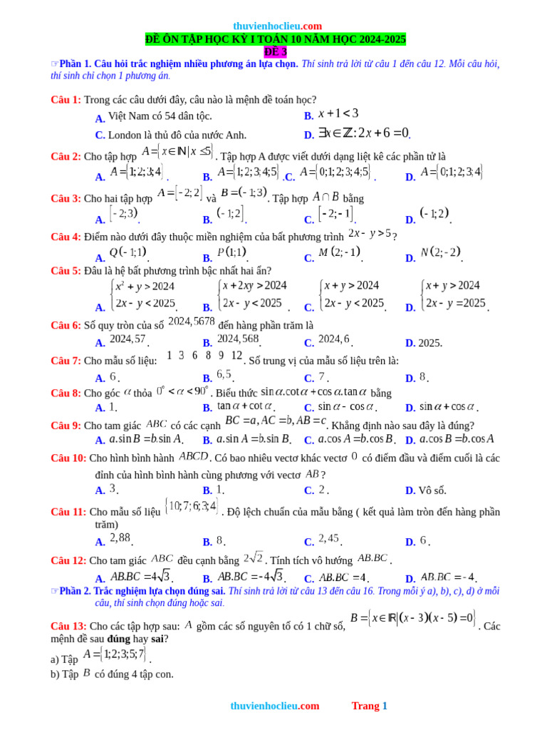 De On Tap HK1 Toan 10 KNTT de 3 | PDF