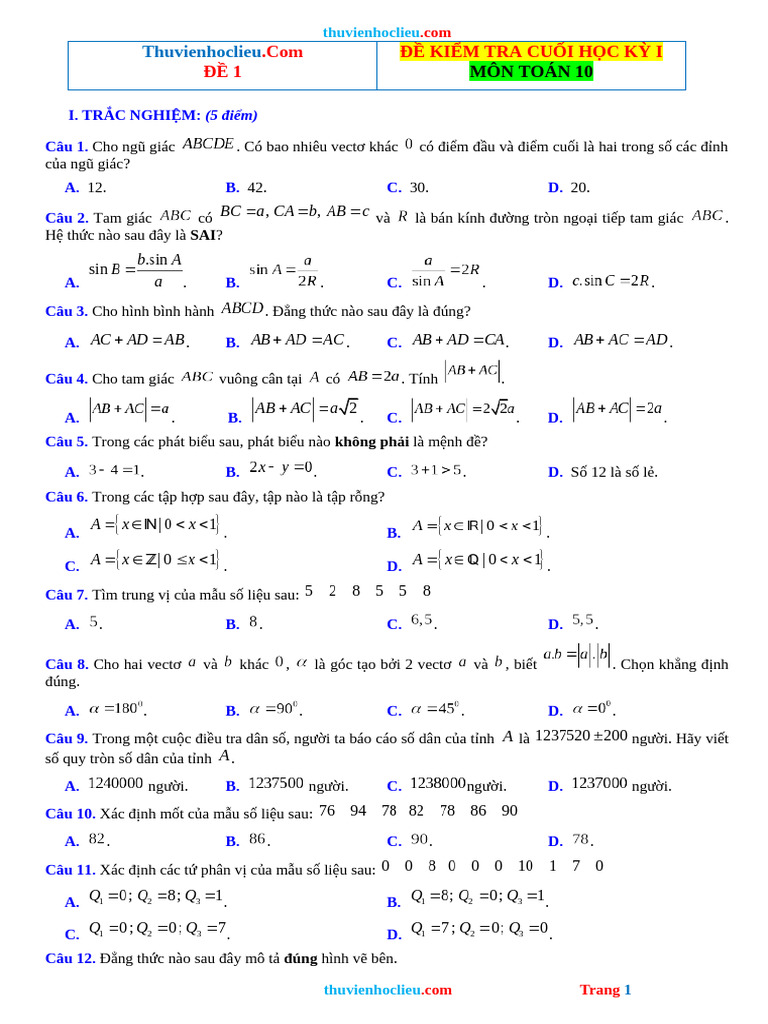 10 de Thi HK1 Toan 10 KNTT | PDF