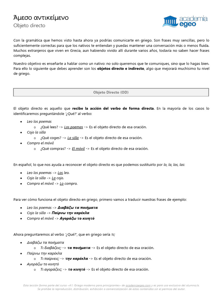 Objetos Directos en Griego Moderno | PDF | Objeto (gramática) | Idiomas