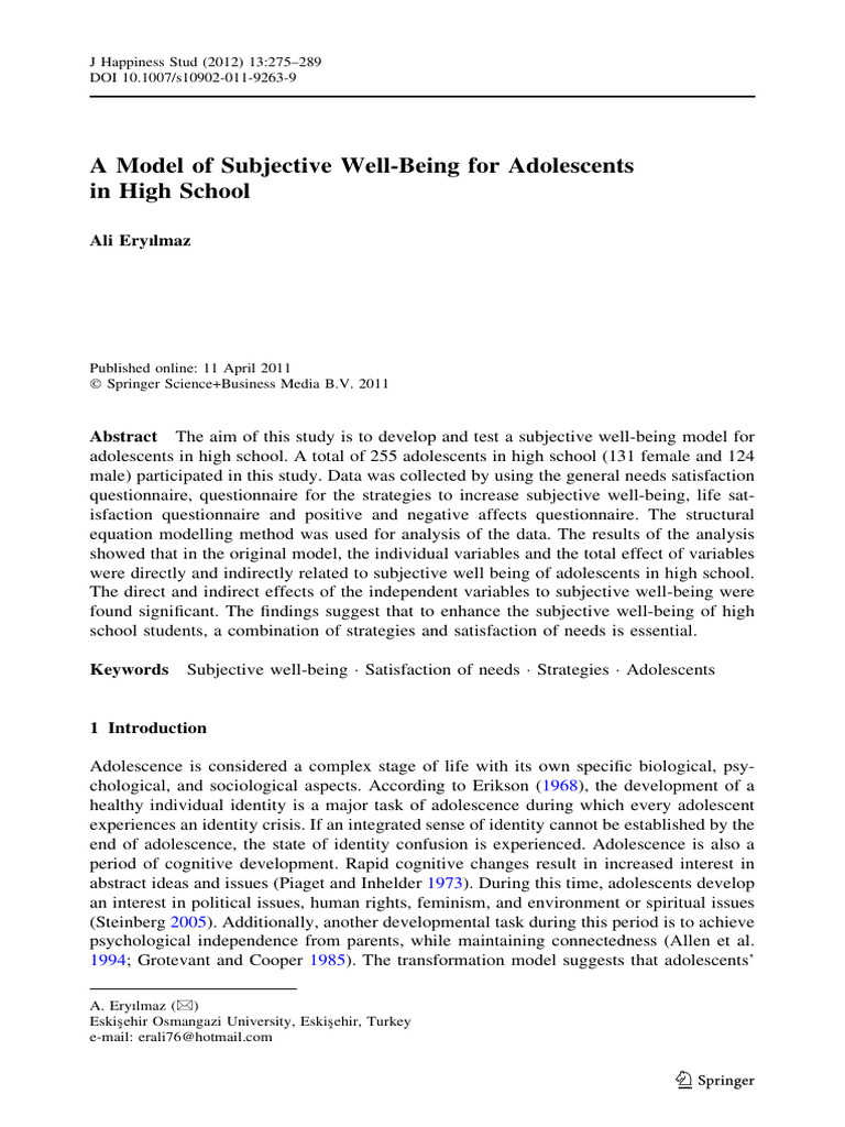 Subjective Well-Being Model for Teens | PDF | Well Being | Adolescence