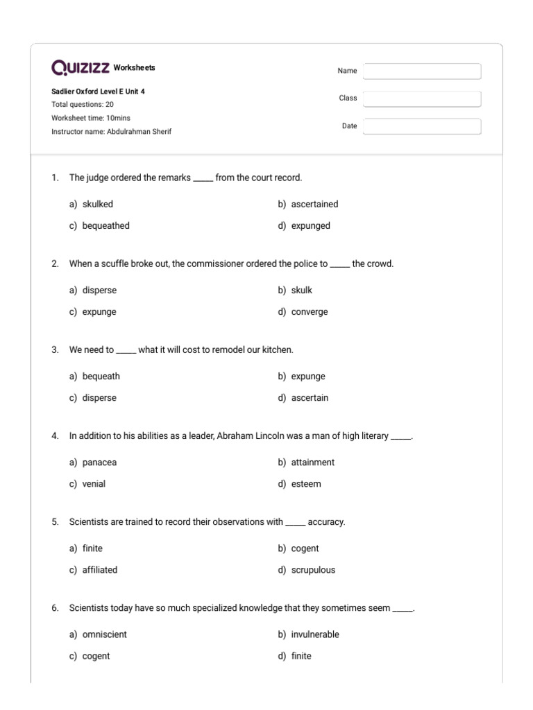 Sadlier Oxford Level E Unit 4 - Quizizz | PDF