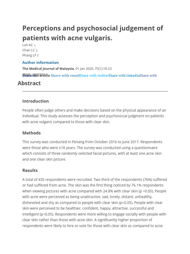 Perceptions and Psychosocial Judgement of Patients With Acne Vulgaris | PDF